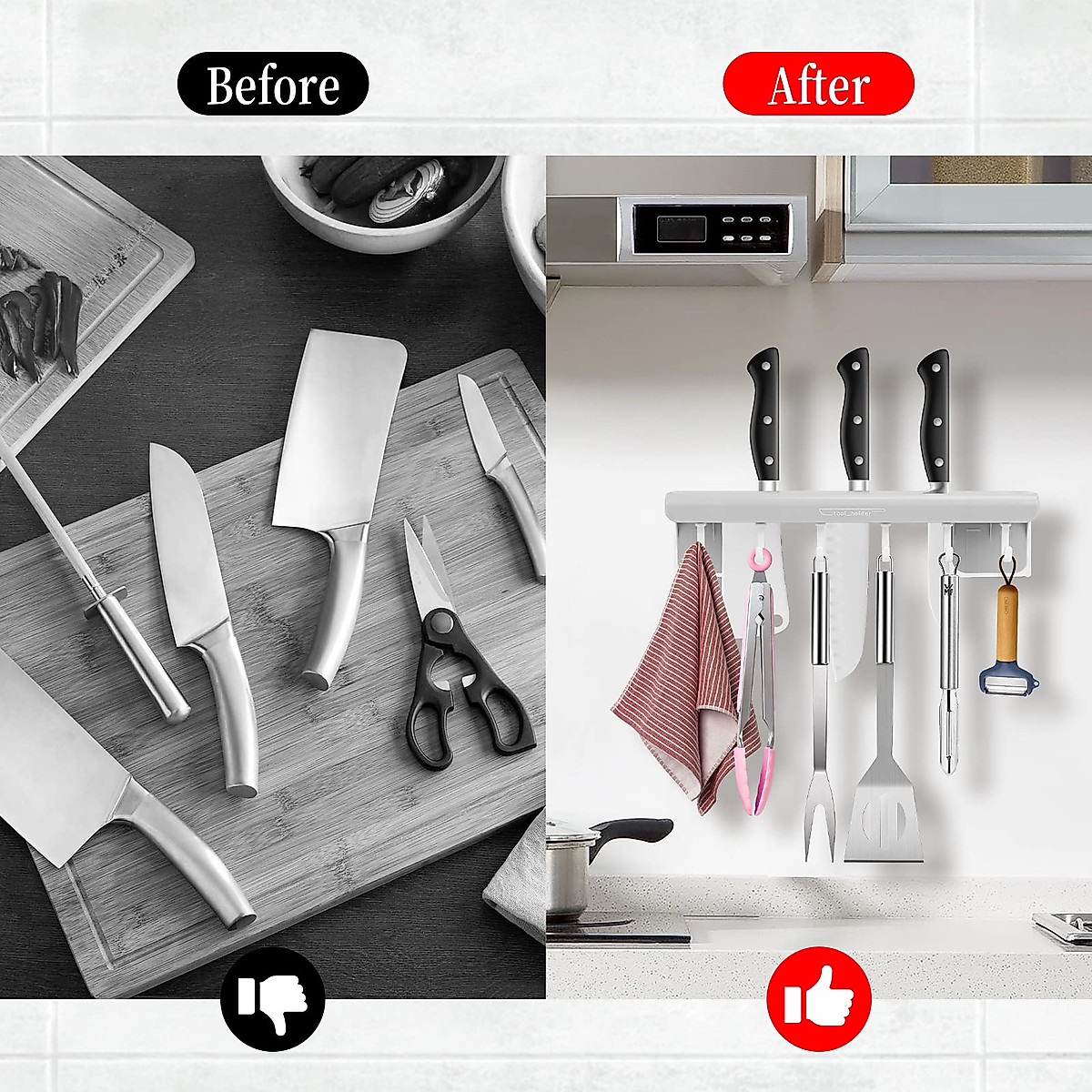 Toplive Knife Storage Rack Block, Wall Mount Fruit Knife Holder with 6 Hooks for Home Kitchen Multi-functional Punch-Free Knife Holder for Knife Spatulas Scraper Scissors