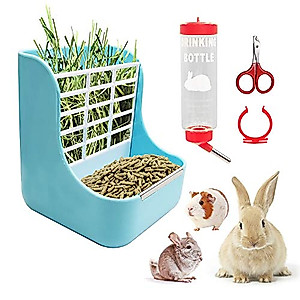 LLSPET 3-in-1 Guinea Pig Hay Feeder Water Bottle Nail Scissors Set, Pets Feeding Kit for Small Animals Bunny Chinchilla Guinea Pig Rabbit, 250ml Rabbit Water Bottle No Drip, Double Use Rabbit Feeder