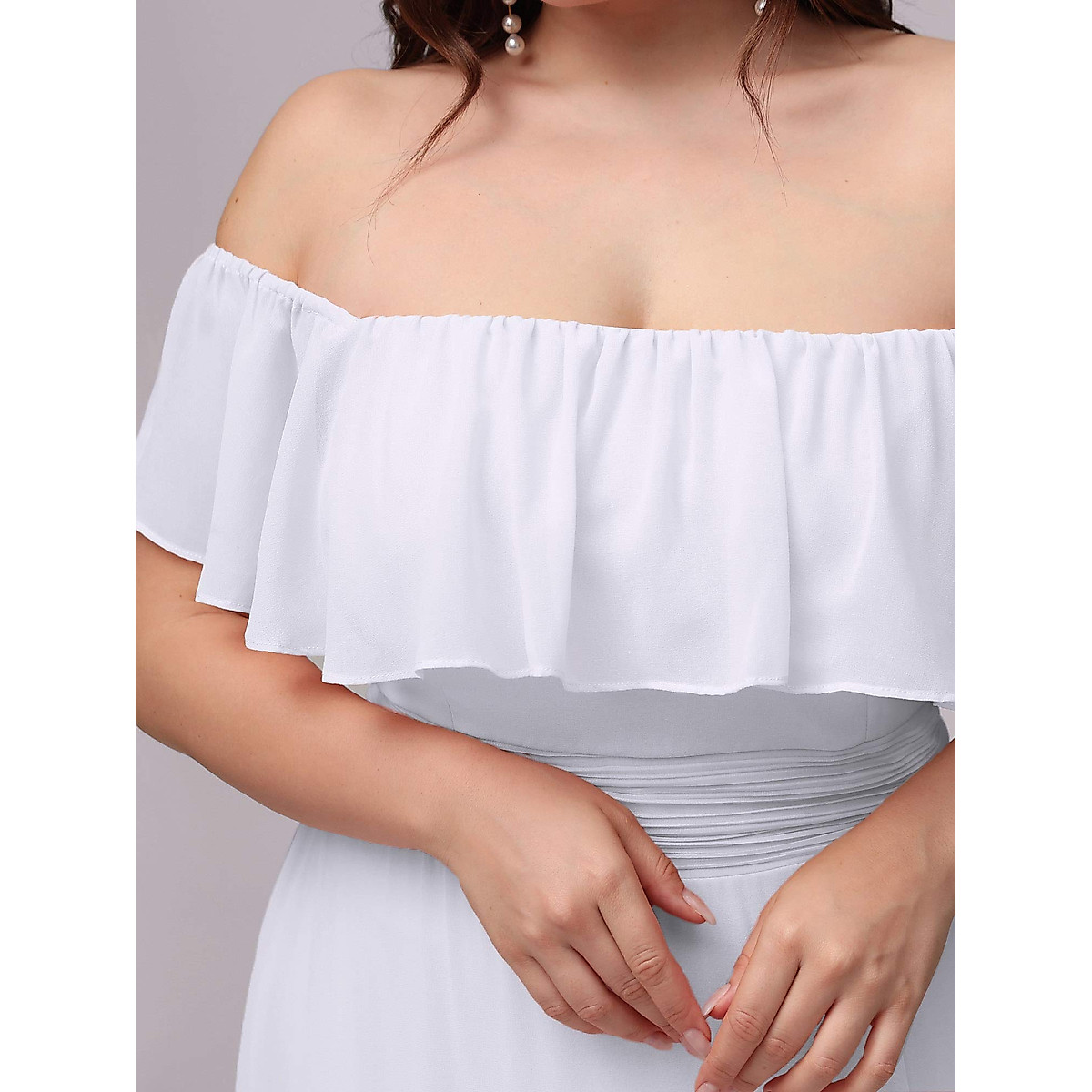 Ever-Pretty Women's Off Shoulder Ruffle Sleeves Side Split Chiffon Plus Size Semi Formal Dresses for Women White US24
