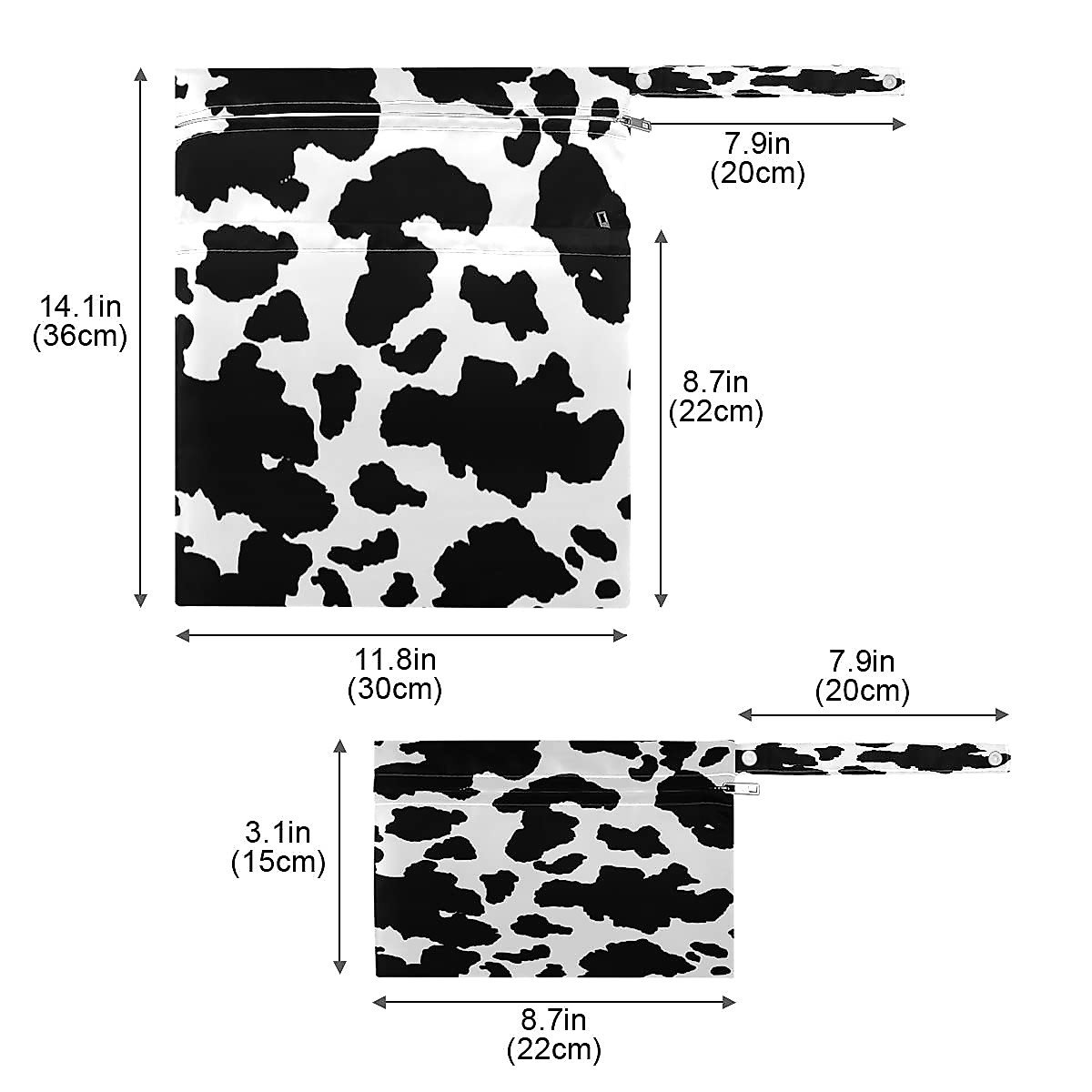 Wet Dry Bag 2 Pack Animal Cow Print Waterproof Kids Baby Cloth Diaper Wet Bags Organizer Pouch Zippered Pockets Yoga Gym Wet Dry Bag for Travel Swimsuits