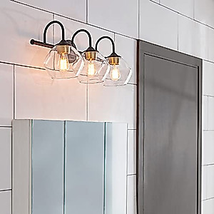 Globe Electric 51853 3-Light Vanity Light, Dark Bronze, Antique Brass Accents, Clear Glass Shade, Beauty Room Accessories, Bathroom Lights Over Mirror, Makeup Mirror Lights, Home Improvement