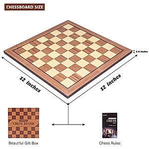 AMEROUS 12 inches Wooden Chess Board Only, Travel Portable Chessboard No Pieces, Professional Chess Board for Beginners, Kids, Adults (Gift Packaging)