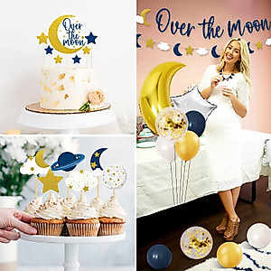 Sinasasspel Over the Moon Baby Shower Decorations Space Party Banner Moon Star Cake Cupcake Toppers Navy Blue Gold Balloons for Twinkle Twinkle Little Star Outer Space First Birthday Supplies