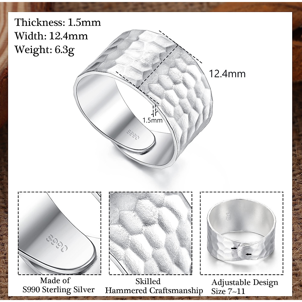 Milacolato S990 Sterling Silver Handmade Wide Band Ring High Polished Handmade Dome Ring Hammered Band Ring for Women Men, Adjustable to Size 7-11