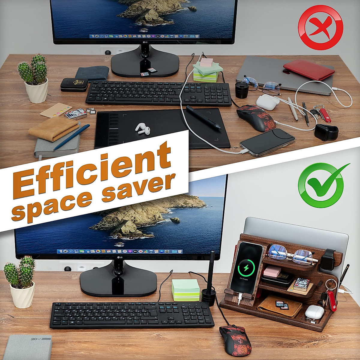 Wood Phone Docking Station Ash Key Holder Wallet Stand Watch Organizer Men Husband Wife Anniversary Dad Birthday Nightstand Purse Father Graduation Male Travel Idea Gadgets Brown