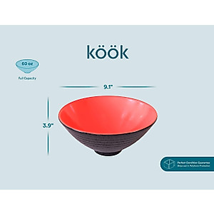 KooK Ceramic Japanese Ramen Bowl Set, with Wooden Spoons and Chopsticks, Noodle Soup Bowl, Microwavable, for Udon Soba Pho Asian Noodles, 60 oz, Black/Red, Set of 2