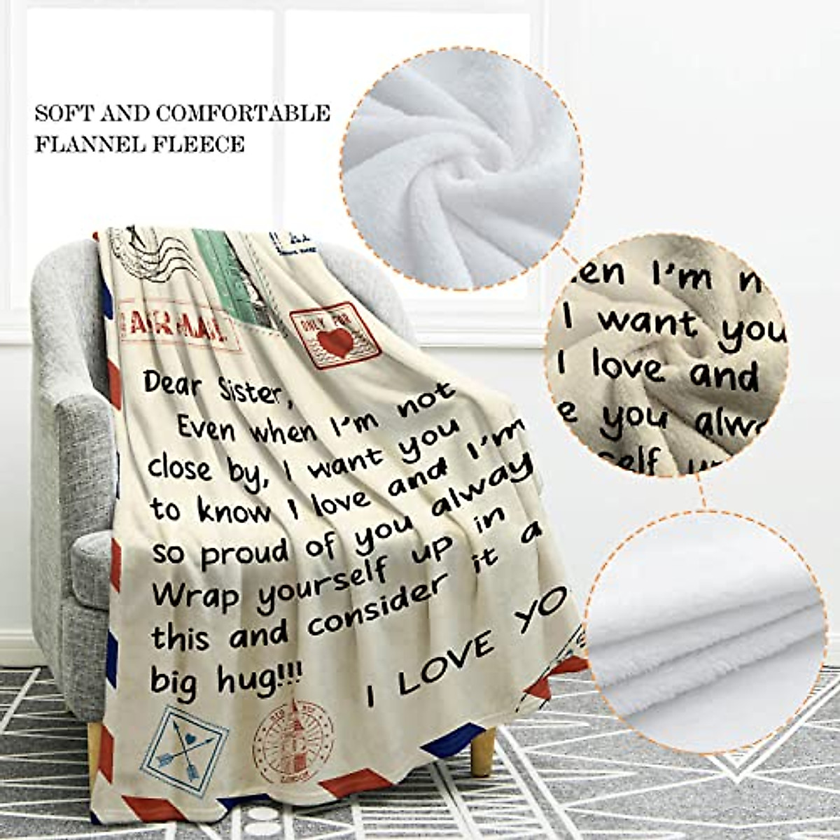 Jekeno Throw Blanket Gifts to My Sister Letter Throw Blankets Gift for Sisters, Throws Birthday Christmas Thanksgiving Present for Women, Bed Sofa Couch Decor 50"x60"