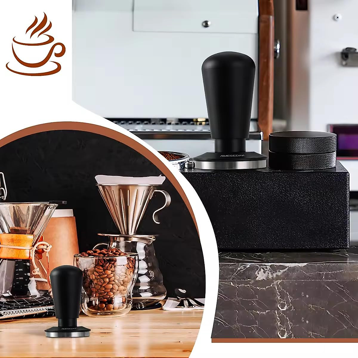 AMESEDAK 53.3mm Espresso Tamper, Premium Barista Tamper with Calibrated Spring, 23lb Coffee Tamper with Anodized Aluminum Handle & Stand for Espresso Coffee Machine (Black)