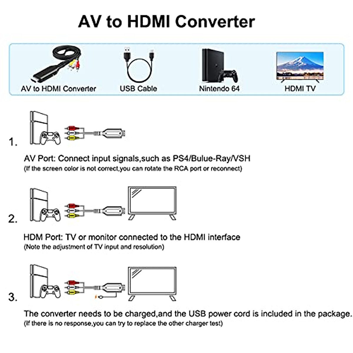 Wiistar RCA to HDMI Converter 1080P CVBS Composite AV to HDMI Video Audio Cable Converter Adapter for PS3 TV STB PC Laptop VHS VCR Camera DVD Players