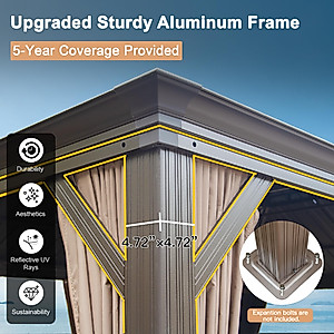 Domi 12x12FT Hardtop Gazebo with Netting & Curtains, Outdoor Aluminum Frame Gazebo with Galvanized Steel Double Roof, Outdoor Permanent Metal Pavilion for Patio Deck Lawn and Garden, Brown