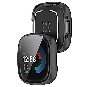 Screen Protector Compatible for Fitbit Versa 4/Sense 2 Watch Case, Tempered Glass Ultra-Thin Full-Coverage Shockproof Bumper (3 Pack A)