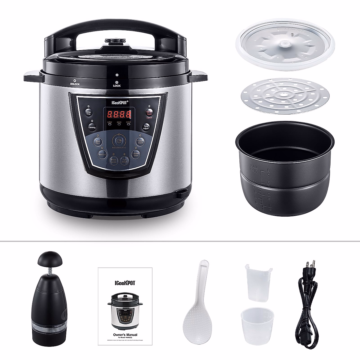 ICOOKPOT 9 in 1 Electric Pressure Cooker,Slow Cook,Rice/Grain Cooker,Steamer,With Non-Stick Coating Inner Pot,Stainless Steel,6 Quart