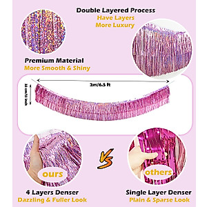 Sharonlily 2 Pack Glitter Pink Foil Fringe Garland-4 Layers Thick | Shiny Metallic Tinsel Streamers, Hanging Fringe Banner for Wedding Christmas Decoration Home Hanging Parade Floats