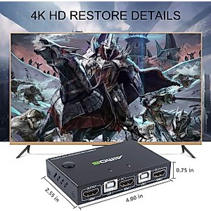 HDMI KVM Switch for 2 Computers 1 Monitor, 4K@30Hz KVM Swicher for 2 Computers Share Keyboard Mouse and one HD Monitor, with 2 HDMI Cables and 2 USB Cable