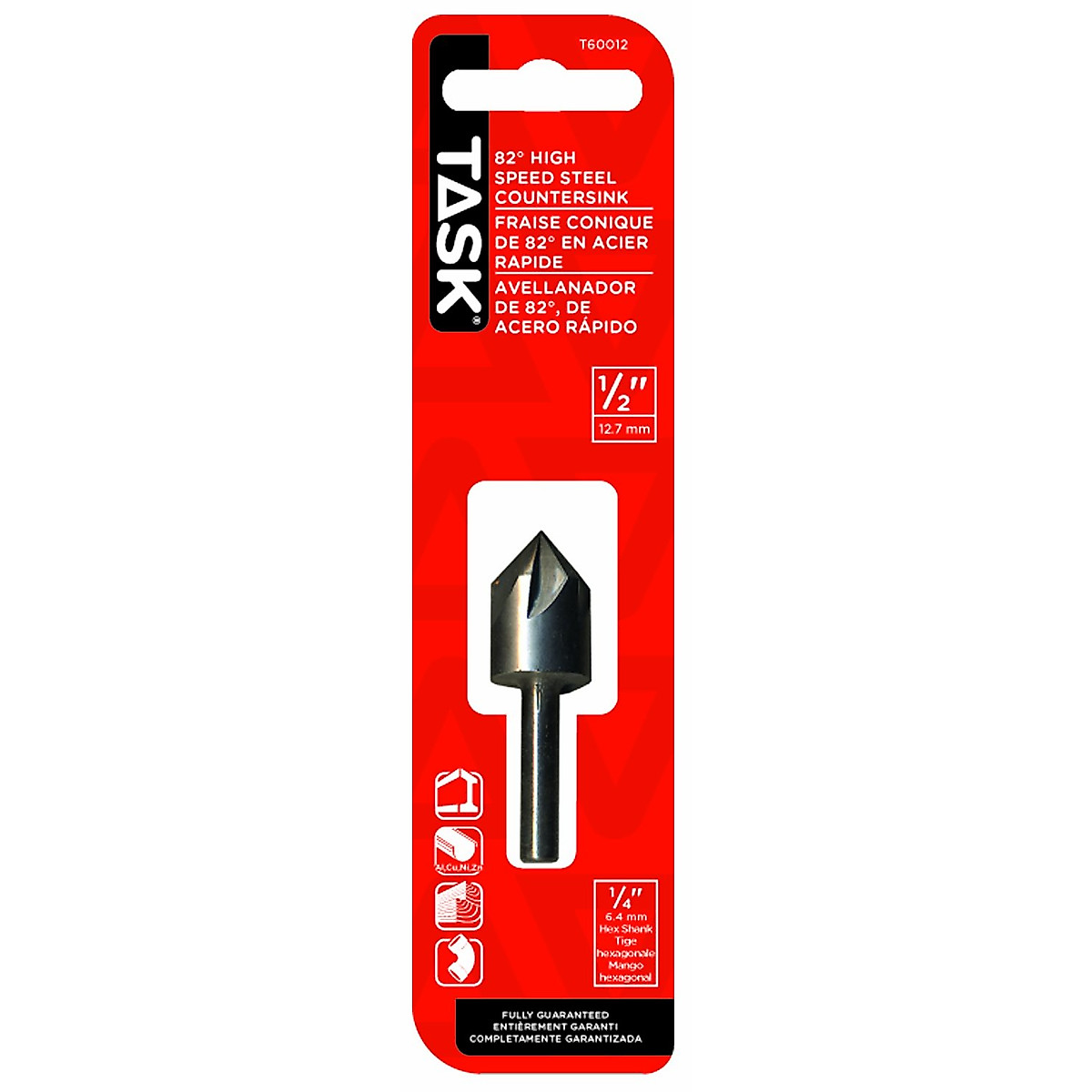 Task T60012 High Speed Steel Countersink, 82-Degree Chamfer Angle, 1/2-Inch Diameter