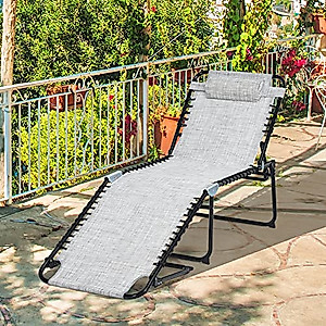 GYMAX Lounge Chairs for Outside, Extra High Folding Beach Tanning Lounger with 4-Level Adjustable Backrest, 2-Level Footrest & Removable Pillow, Sunbathing Lounge for Patio, Lawn, Poolside (1, Grey)