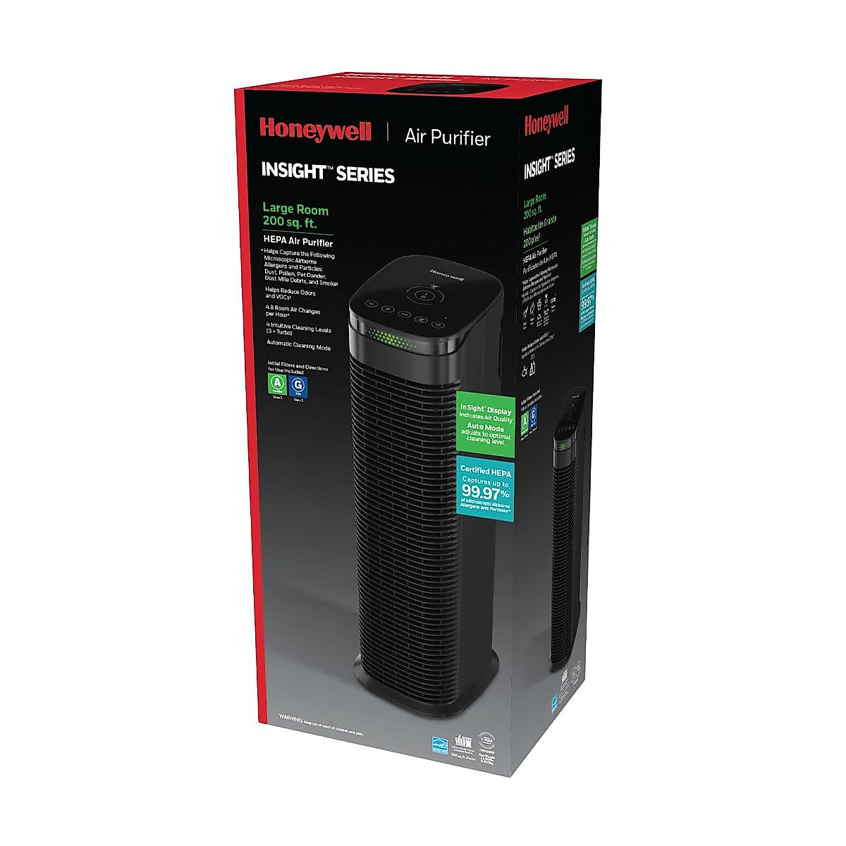 Honeywell InSight HEPA Air Purifier with Air Quality Indicator and Auto Mode, for Large Rooms (200 sq. ft), Black - Wildfire/Smoke, Pollen, Pet Dander, and Dust Air Purifier,HPA180B (Renewed)