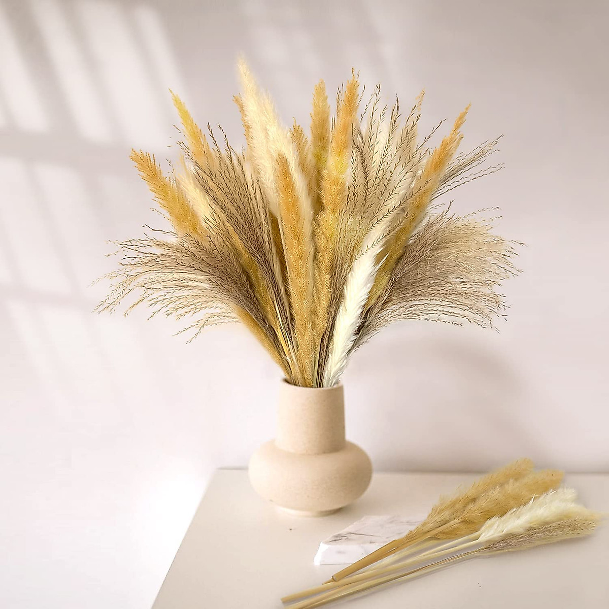 EVOLUX Pampas Grass Decor,60 Pcs Natural Dried Pampas Grass|15 Pcs White & 15 Pcs Beige & 30 Pcs Reed Grass,17" Pompas Grass for Flowers Arrangement Home Garden Wedding Decor