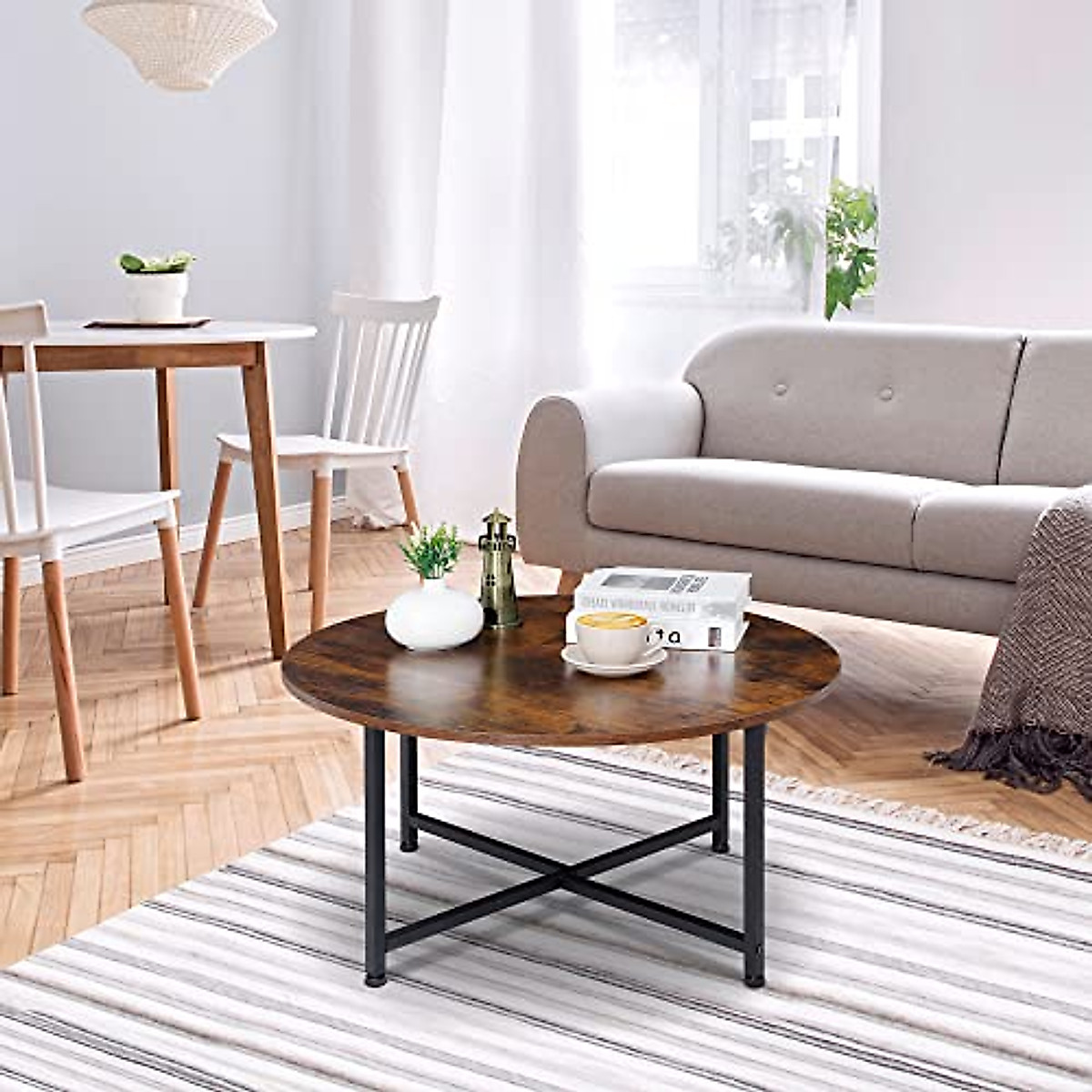 SUPER DEAL Round Coffee Tables w/ 32 Inch Rustic Wooden Surface Top and Sturdy Metal Legs Industrial Cocktail Table for Living Room, Rustic Brown