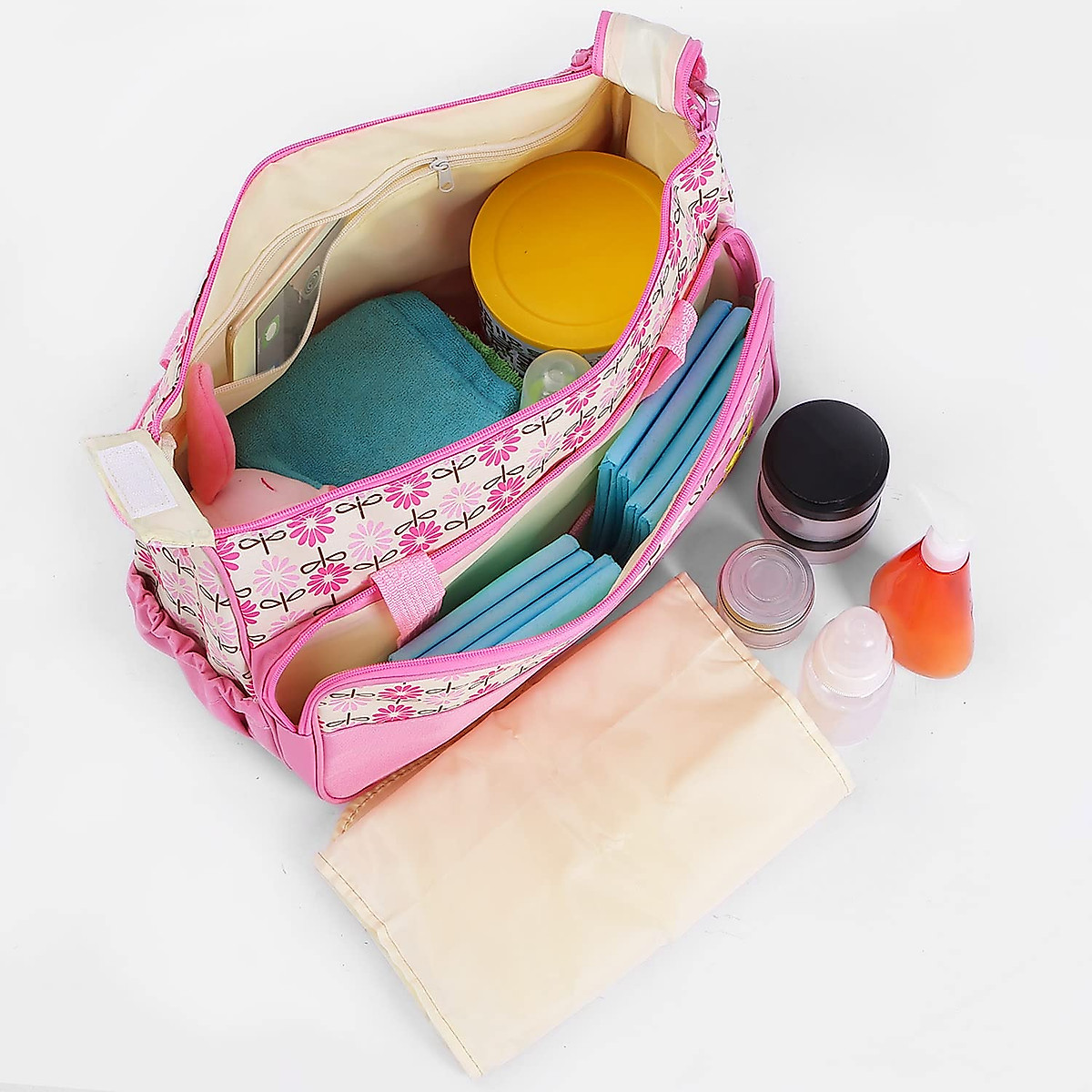 5 Pcs Multifunctional Set Baby Changing Diaper Nappy Bag, Maternity Mummy Handbag, Portable Nappy Basket Storage Organiser, Maternity Baby Bag for Boys Girls(Pink)