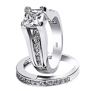 MABELLA 925 Sterling Silver Cubic Zirconia Princess Cut Women's Wedding Engagement Bridal Ring Set Size 8