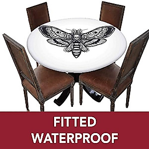 Skull Round Fitted Tablecloth with Elastic Edge,Dead Moth Kull Face Print Polyester Table Cloth, XLarge, Fit Round Tables up 59"-63" Diameter, for Christmas Thanksgiving Wedding Party Dining Banquet