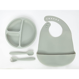 Lila & Jack's Baby Feeding Set, BPA Free, Food Grade Silicone Dinner Plate and Cutlery Set, Learn to Eat on Your Own, Set Includes Spork, Spoon, Bib and Plate (Gray), AT1745