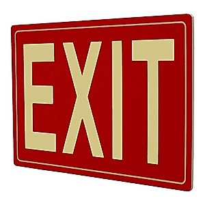 LFI Lights | Red Aluminum Photoluminescent 'EXIT' Sign | Full 3M Self-Adhesive Back | Glow in the Dark Egress Sign | PTM-EX-AL