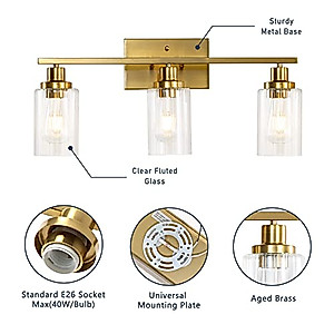 Jonsi Gold Bathroom Light Fixtures, 3 Light Brushed Gold Bathroom Vanity Lights with Fluted Glass Shade, Modern Gold Bathroom Lights Over Mirror, Vanity Lighting Fixtures, 23.5" W x 10.7" H