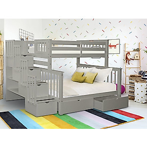 Bedz King Stairway Bunk Beds Twin over Full with 4 Drawers in the Steps and 2 Under Bed Drawers, Gray