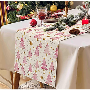 Christmas Table Runner 13x72 Inch, Pink Merry Christmas Trees Table Decors for Seasonal Winter Xmas Holiday Farmhouse Home Kitchen Dining Party