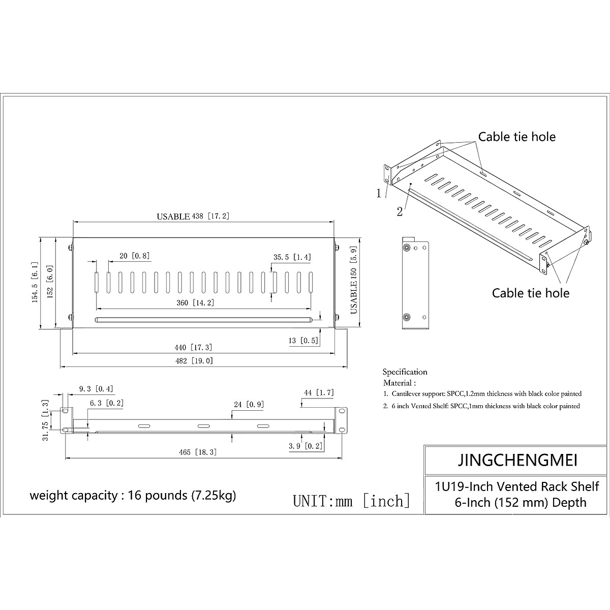 JINGCHENGMEI 1U Disassembled Vented Rack Shelf Universal Rack Tray No Lip for 19 Inches Network Cabinet or Server Rack (6 Inches Deep)