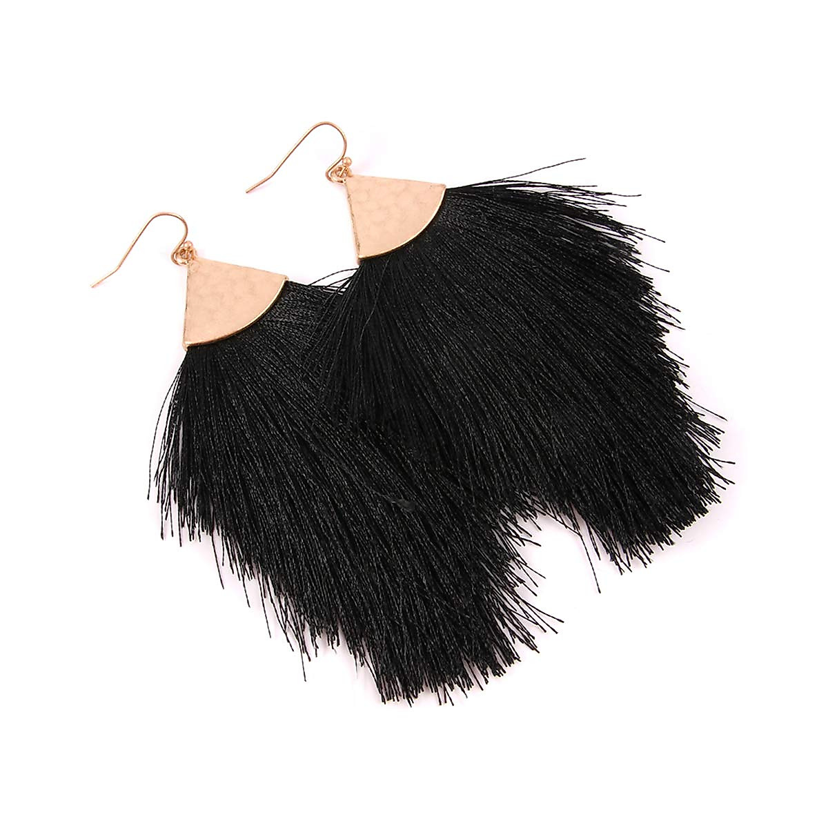 Bohemian Silky Thread Fan Fringe Tassel Statement Earrings - Lightweight Strand Feather Shape Dangles (Feather Fringe - Black)