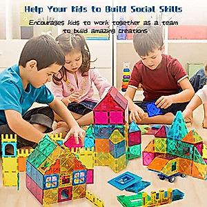 AFUNX 130 PCS Magnetic Tiles Building Blocks 3D Clear Magnetic Blocks Construction Playboards, Inspiration Building Tiles Creativity Beyond Imagination, Educational Magnet Toy Set for Kids with 2 Cars