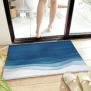 Chaven Home Fluffy Shag Bath Mat Ocean Blue Waves Area Rugs Warm Soft Plush Shaggy Floor Door Mats for Bathroom/Bedroom/Living Room/Entry Way Decor Gradient Watercolor Abstract Painting
