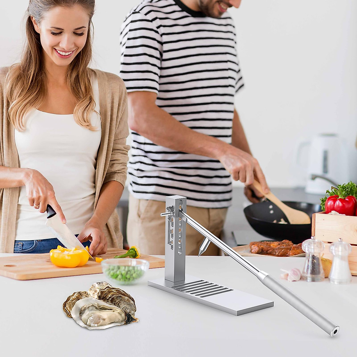 Buttwo Oyster Shucker, Stainless Steel Oyster Opener Tool Set Clam Machine with Oyster Shucking Knife Seafood Tools for Hotel and Family Buffet, Silver