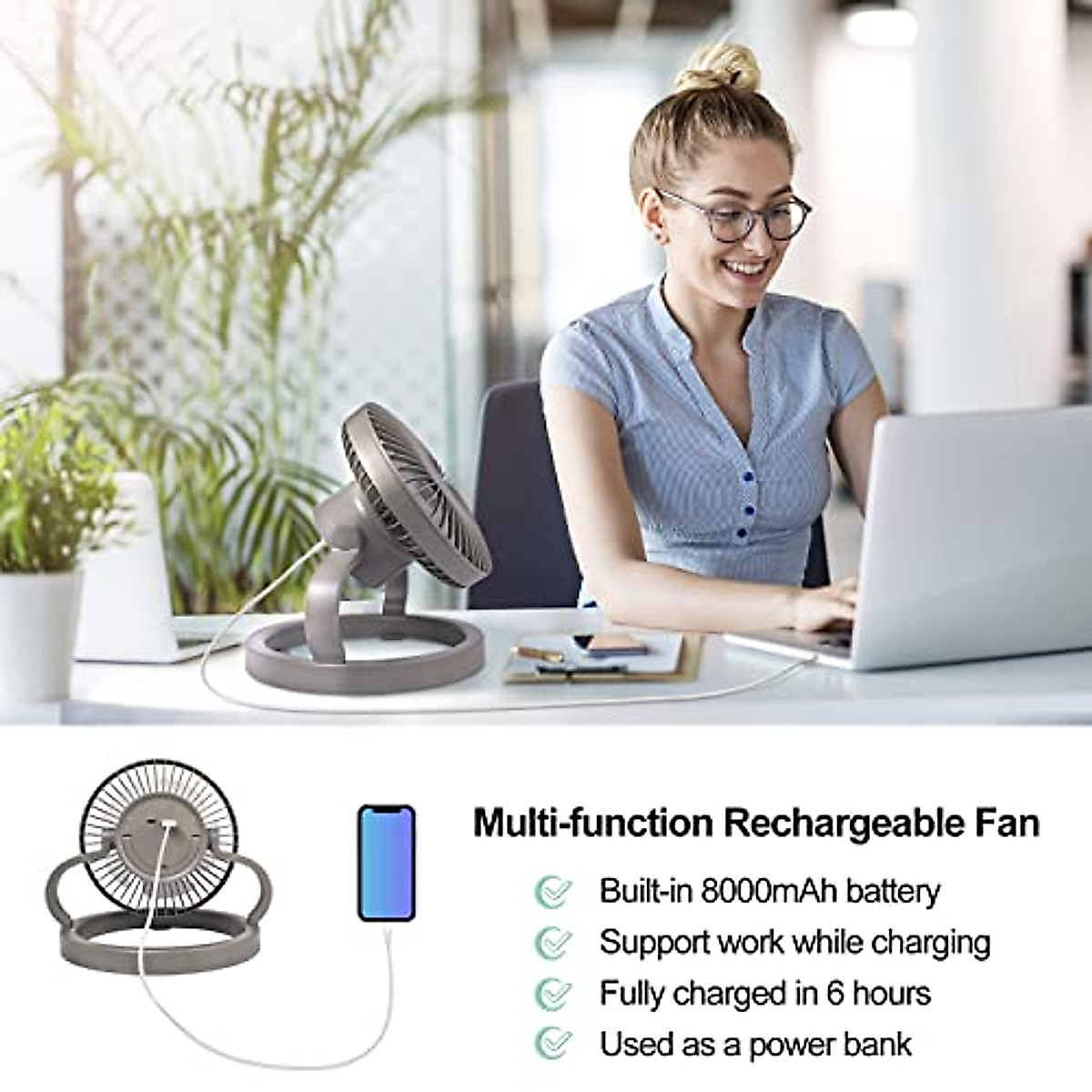 Teioe Camping Fan with LED Lantern, 8000 mAh Battery Operated Tent Fan with Hook, Rechargeable Table Fan for Camping, Fishing, Jobsite, Office, Emergency (Grey)