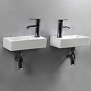 Wall Hung Basin Sink Small Cloakroom Basin Rectangle Ceramic Wash Basin Left Hand with Tap & Drain(Art Deco)