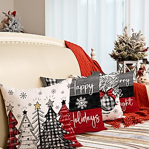 GEEORY Christmas Throw Pillow Covers 18 x 18 Inch Set of 4, Xmas Trees Merry and Bright Happy Holidays Farmhouse Decorative Cushion Cases for Home Decoration G418-18