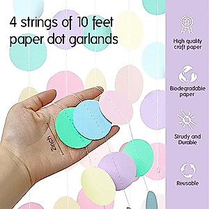 Circle Dots Paper Party Garland Streamer Backdrop (4-Pack, 10 Feet Per Garland, 40 Feet Total) - Unicorn Pastel