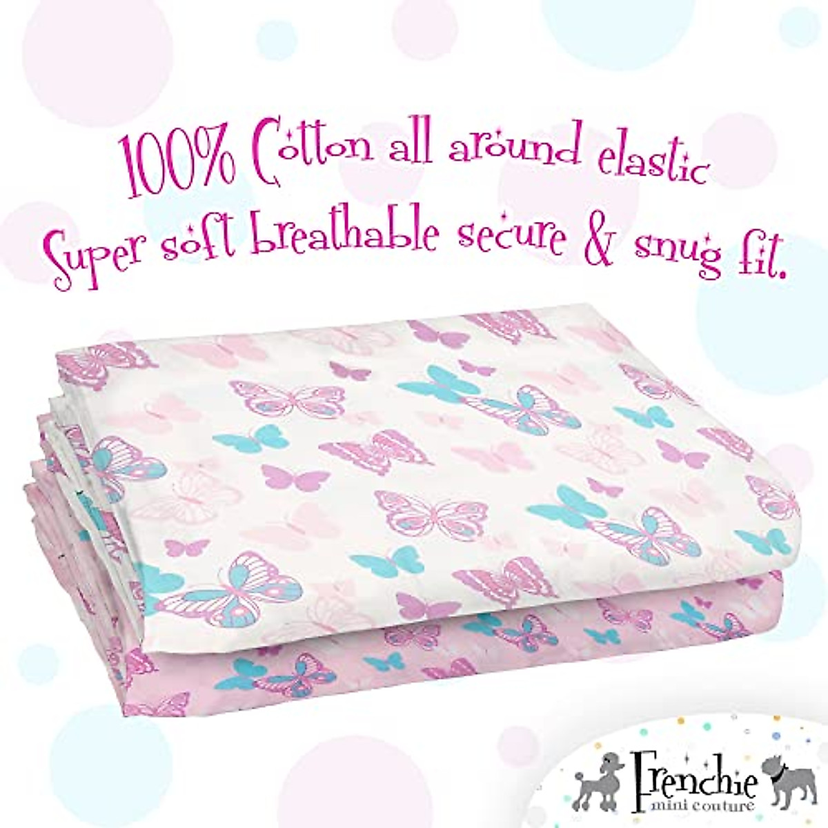 Frenchie Mini Couture, Fitted Pack n Play Sheets, 2 Pack, 100% Woven Cotton, Pack and Play Mattress Sheets, Fits Most Mini Crib & Playard, 27 x 39 x 4in, Butterfly