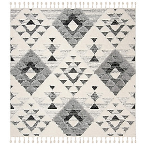 SAFAVIEH Moroccan Tassel Shag Collection Area Rug - 3' Square, Ivory & Grey, Boho Design, Non-Shedding & Easy Care, 2-inch Thick Ideal for High Traffic Areas in Living Room, Bedroom (MTS688F)