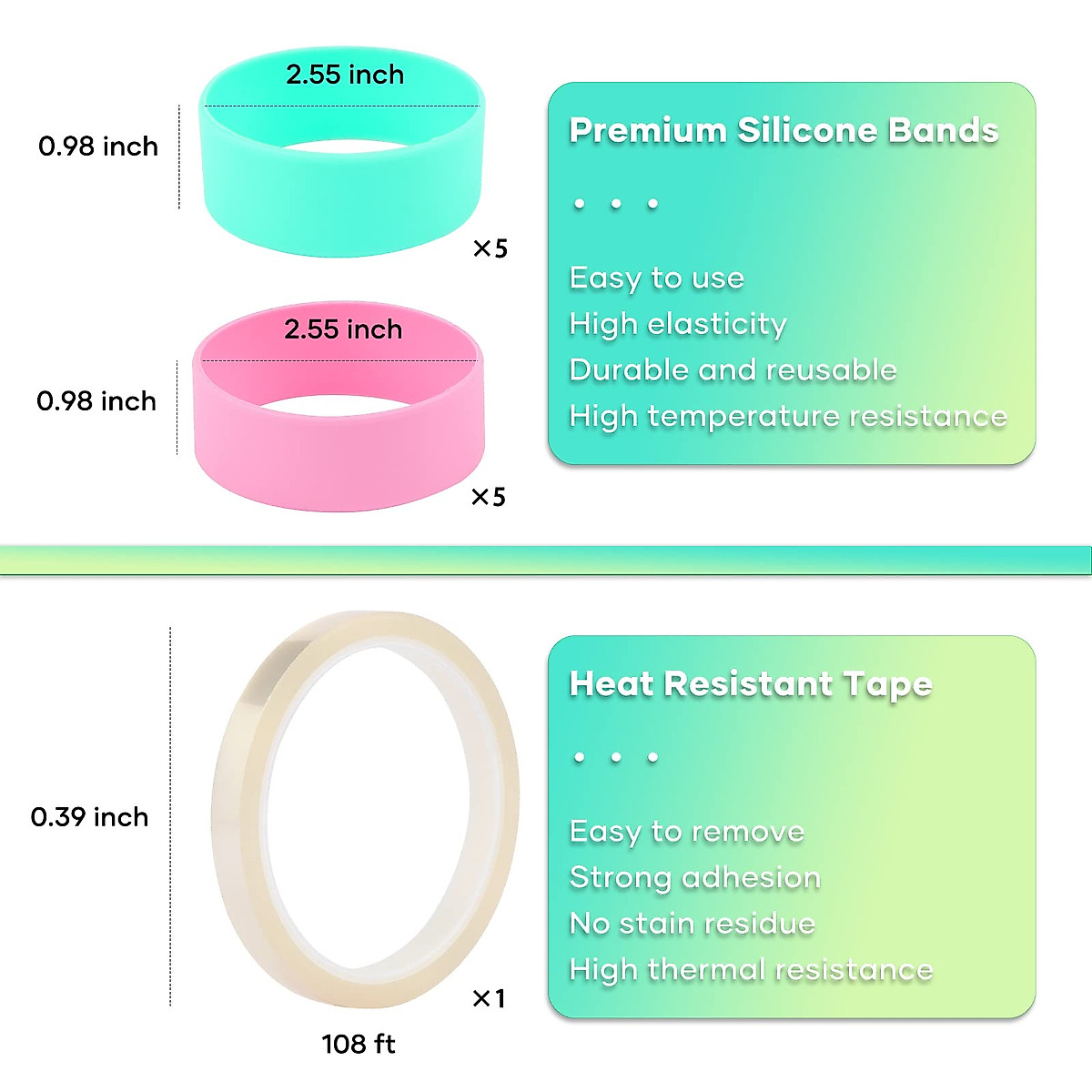 HTVRONT Heat Resistant Gloves Kit - 2Pcs Heat Gloves for Sublimation, 8 Pcs Silicone Bands for Sublimation Tumbler, 1 Pcs Heat Tape for Sublimation, 20Pcs Shrink Wrap for Sublimation Tumblers