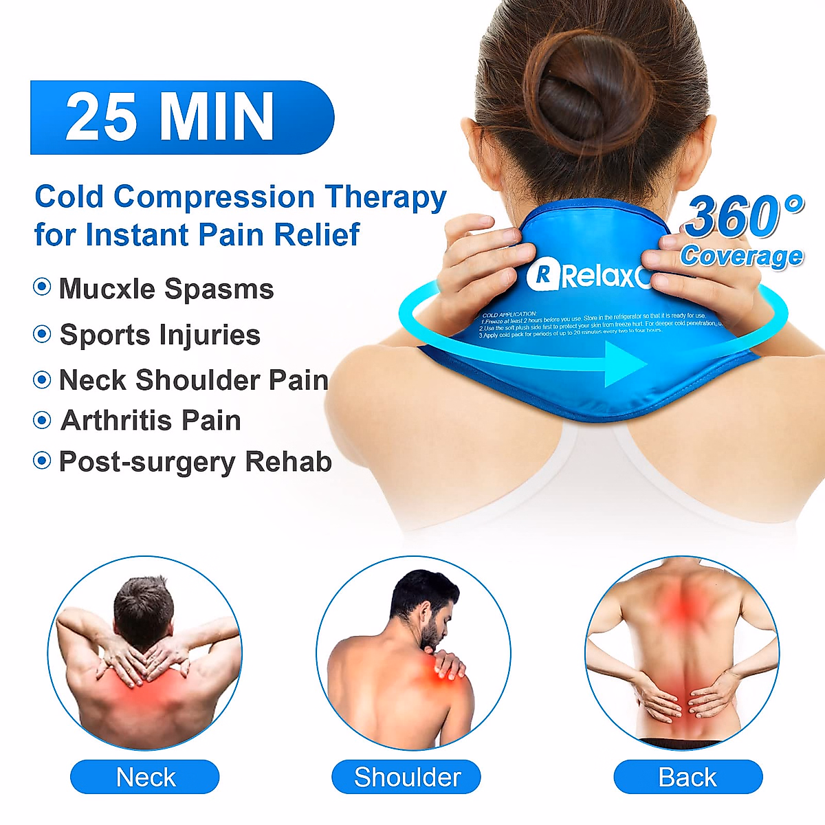 RelaxCoo Neck Ice Pack Wrap, Reusable Gel Ice Pack for Neck Shoulders, Cold Compress Therapy for Pain Relief, Injuries, Swelling, Bruises, Sprains, Inflammation and Cervical Surgery Recovery