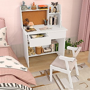 Vhger White Kids Desk and Chair Set, Childrens Computer Desk with Drawers and Storage Shelf, Kids Study Desk and Chair Set for 3-12 Years Old Kids