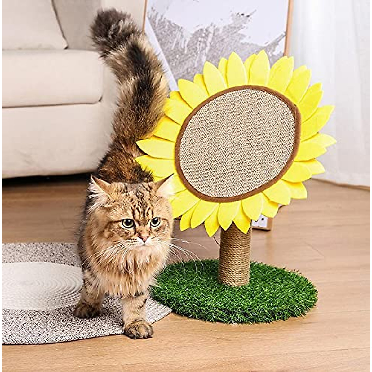 Lovely Caves Sunflower Cat Scratching Post with Sisal Covered, Cat Claw Scratcher Pole for Kitten, Flower Cat Tree Furniture Scratch Post