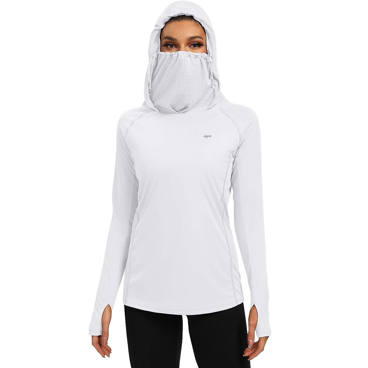 IUGA SPF Shirt Women Sun Protection Clothing UPF 50+ Hoodie with Face Cover UV Hiking Long Sleeve Shirts Lightweight Outdoor White