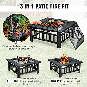 Giantex 32" Outdoor Fire Pit, 3 in 1 Square Wood Burning Fire Table, Multifunctional Firepit for Outside Patio Backyard Porch Garden, Bonfire Stove Fireplace with Rain Cover for Picnic, Camping