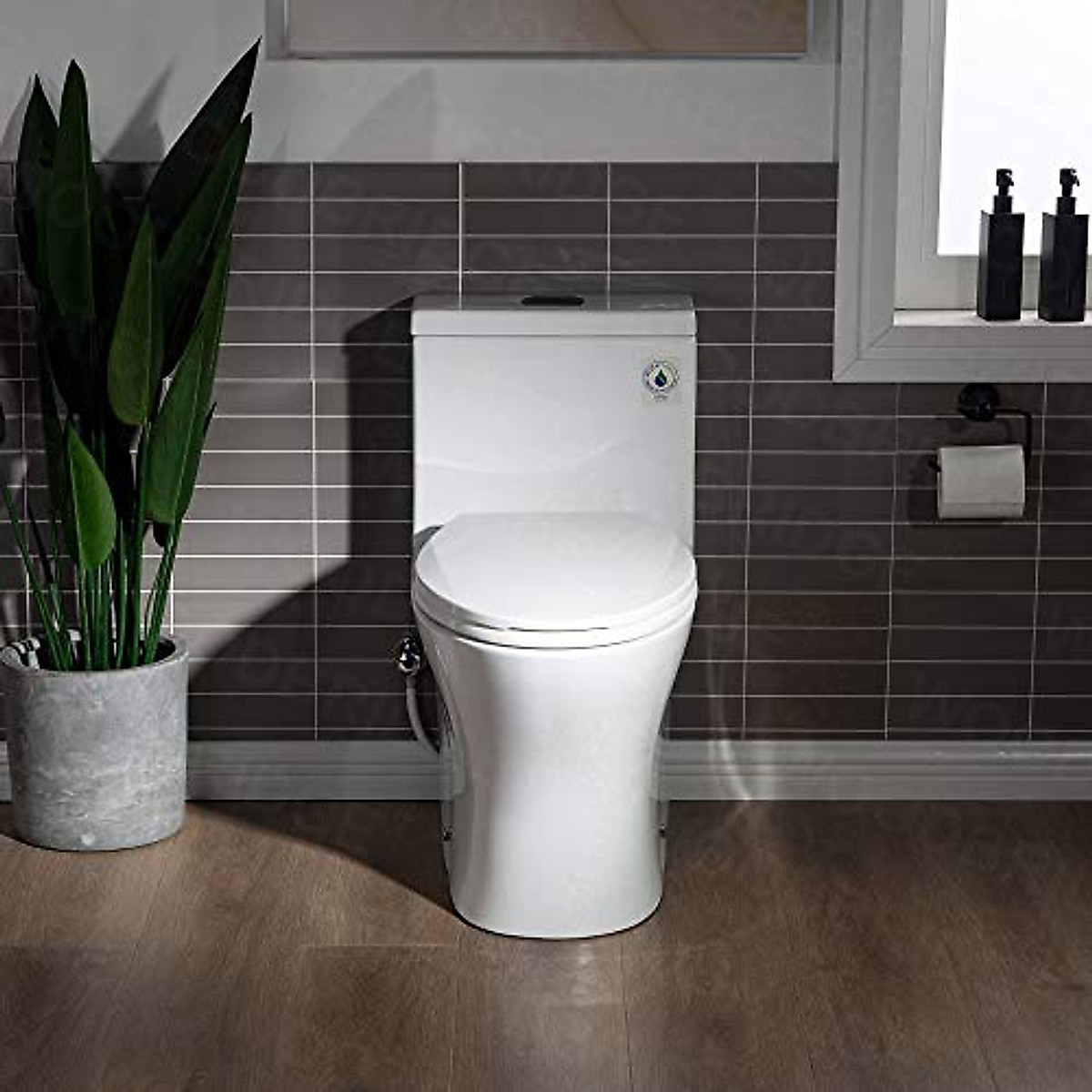 WOODBRIDGEE Modern Elongated One piece Toilet Dual flush 1.0/1.6 GPF,with Soft Closing Seat,1000 Gram MaP Flushing Score Toilet with Oil Rubbed Bronze Button,B0750-ORB,White