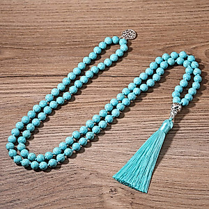 OAIITE 108 Mala Beads Necklace Semi-Precious Gem Stones Turquoise Necklace 108 Hand Knotted Japa Mala Beaded Tassel Necklace with Tree of Life Pendant